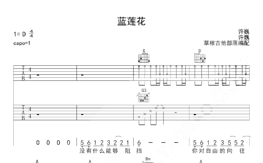 许巍《蓝莲花》吉他谱 吉他弹唱谱 双吉他 打谱啦
