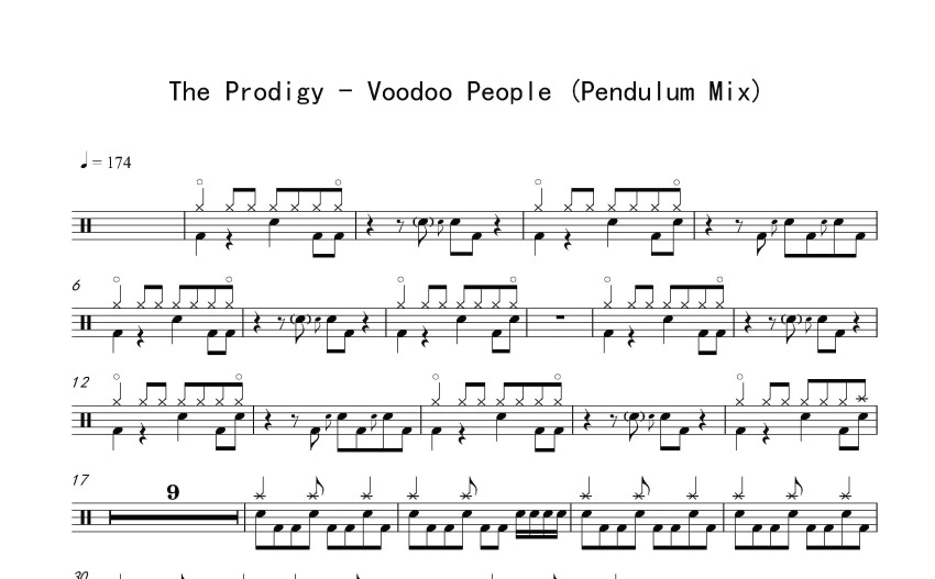 The Prodigy《Voodoo People (Pendulum Mix)》鼓谱_架子鼓谱 - 打谱啦