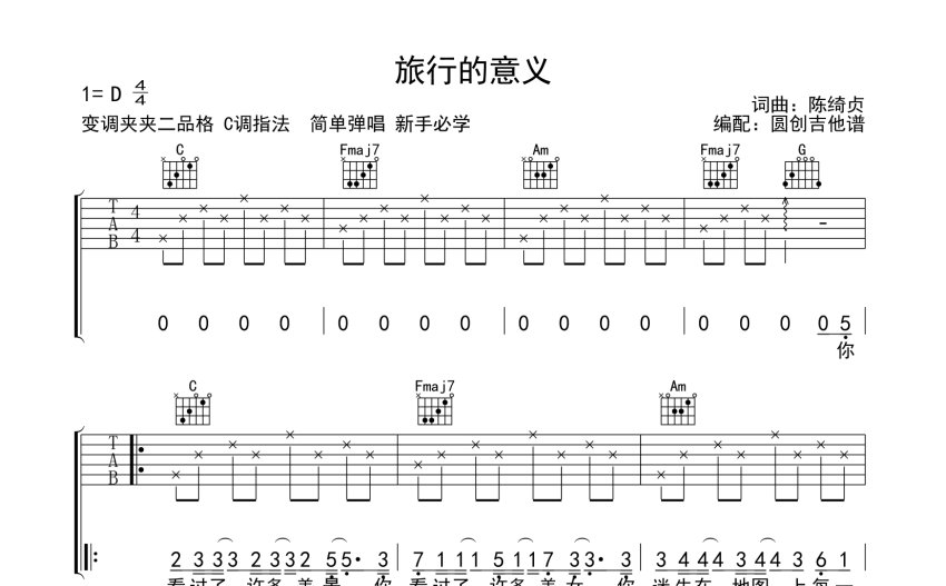 陈绮贞《旅行的意义》吉他谱 C调吉他弹唱谱 简单版本推荐弹唱 打谱啦
