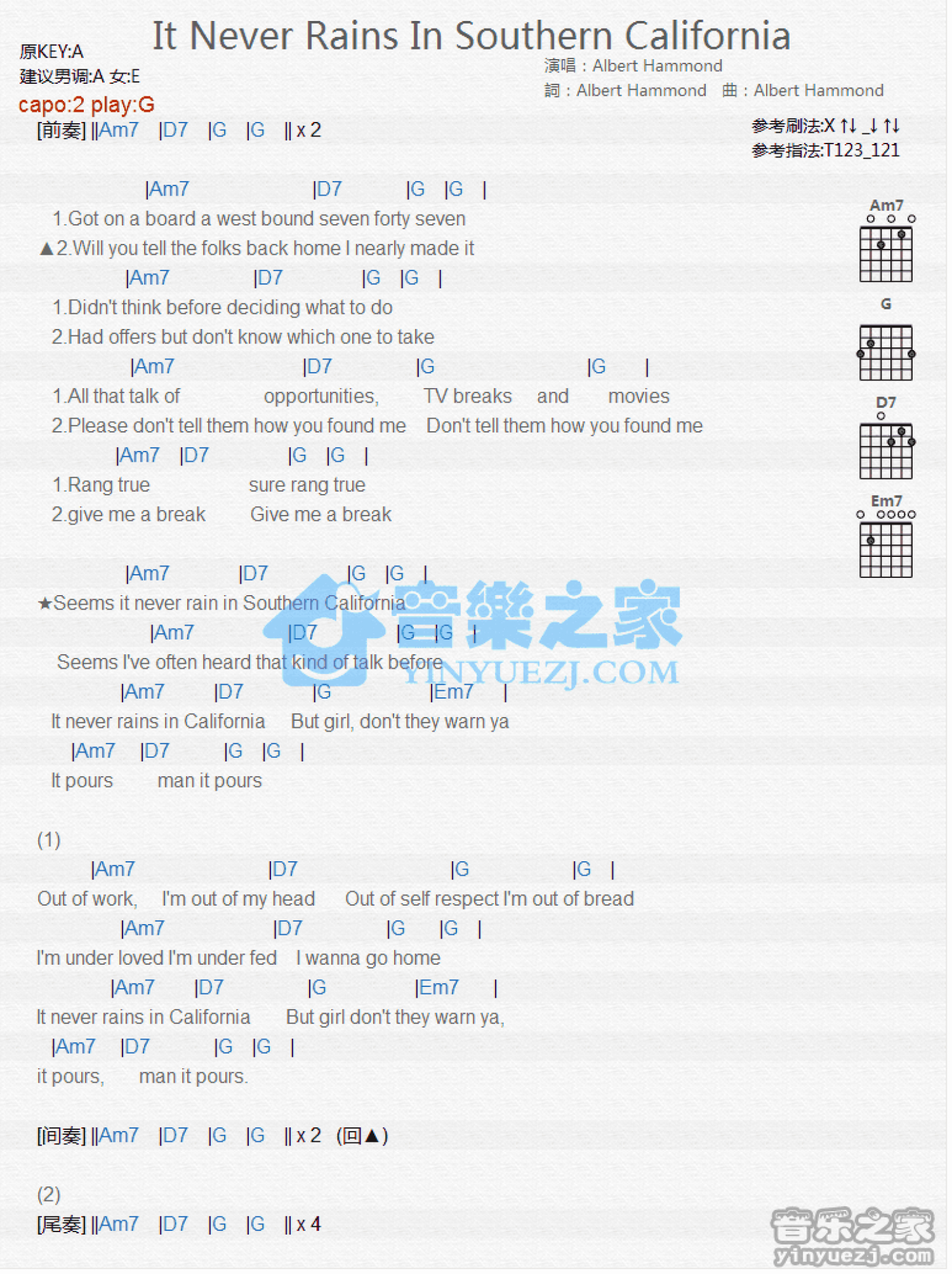 《It Never Rains In Southern California》吉他谱_G调吉他弹唱谱_和弦谱 - 打谱啦